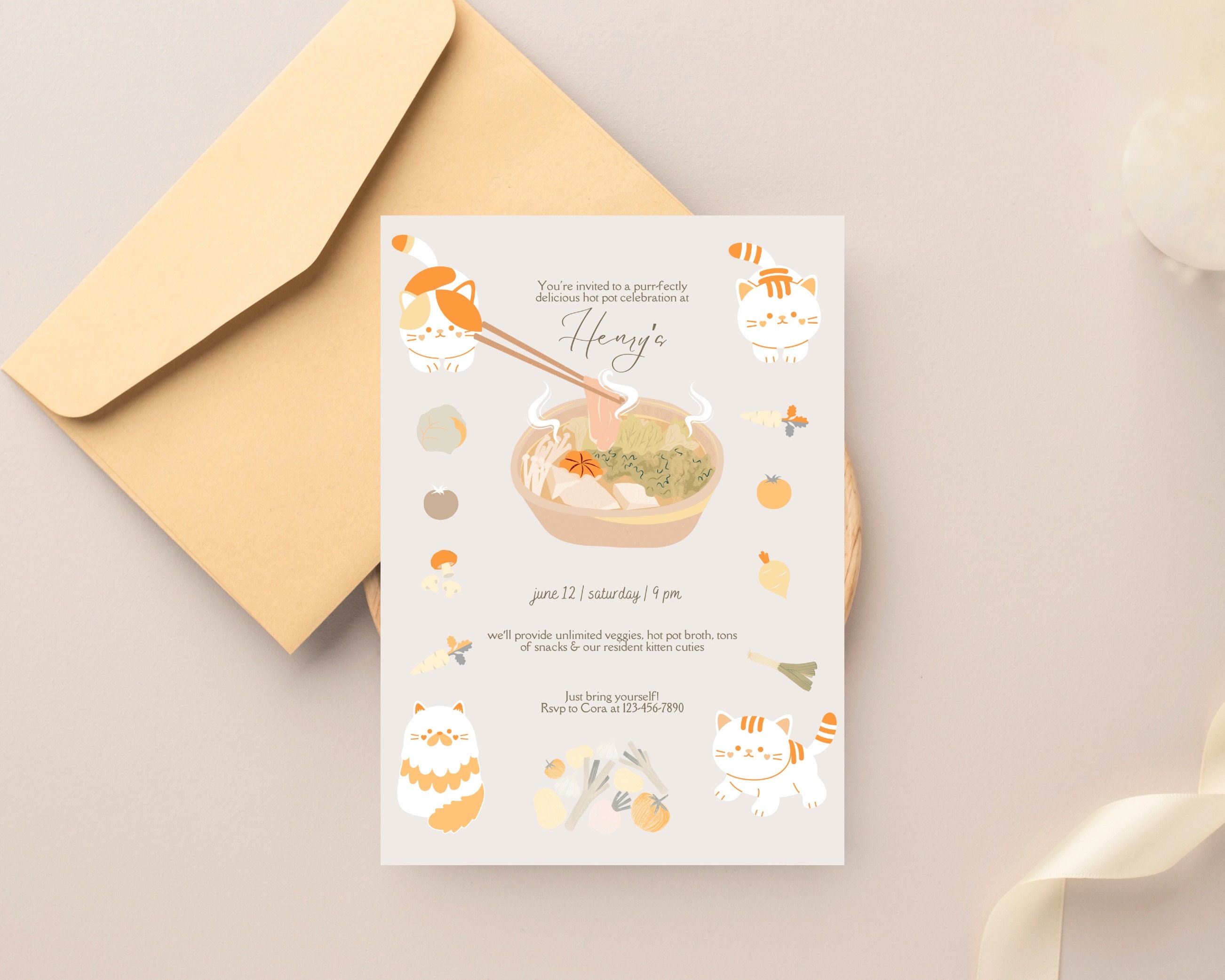 Editable Kittens and Hot Pot Dinner Party Personalized Invite Cute ...