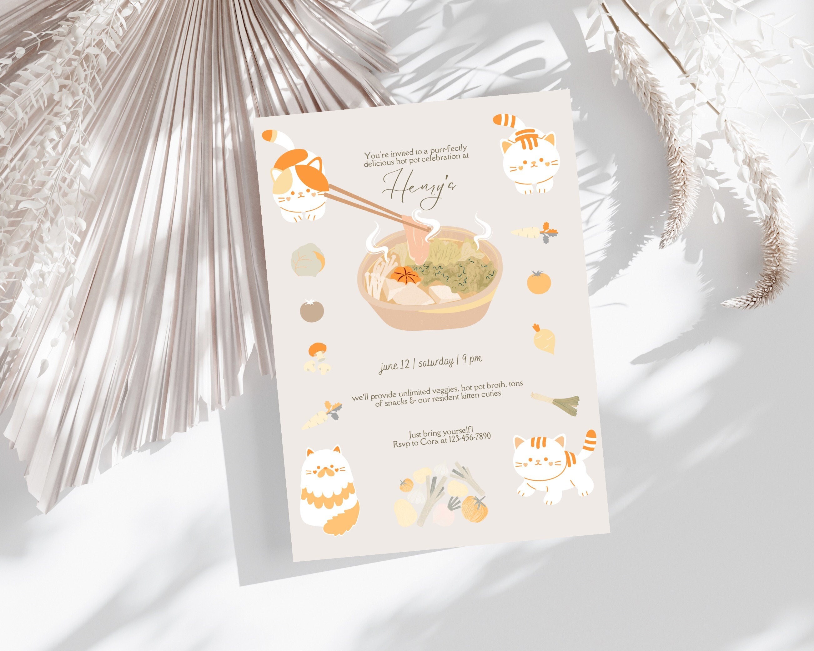 Editable Kittens and Hot Pot Dinner Party Personalized Invite Cute ...