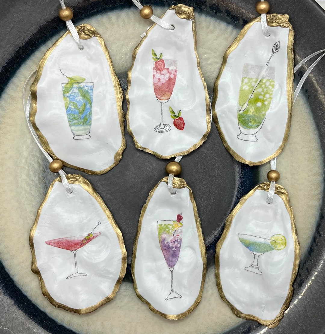 Boxed Set Oyster Shell Christmas Ornament Set, Cocktail Design - Etsy