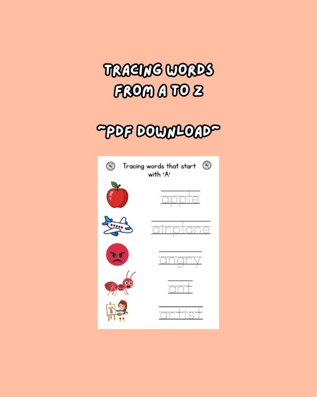 Tracing Words A to Z Worksheets (PDF Download) - Etsy