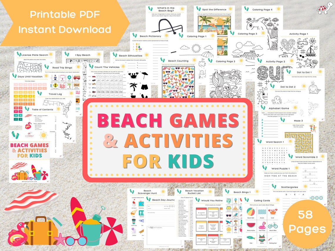 Beach Games & Activities for Kids: 58-page Printable Travel Games ...