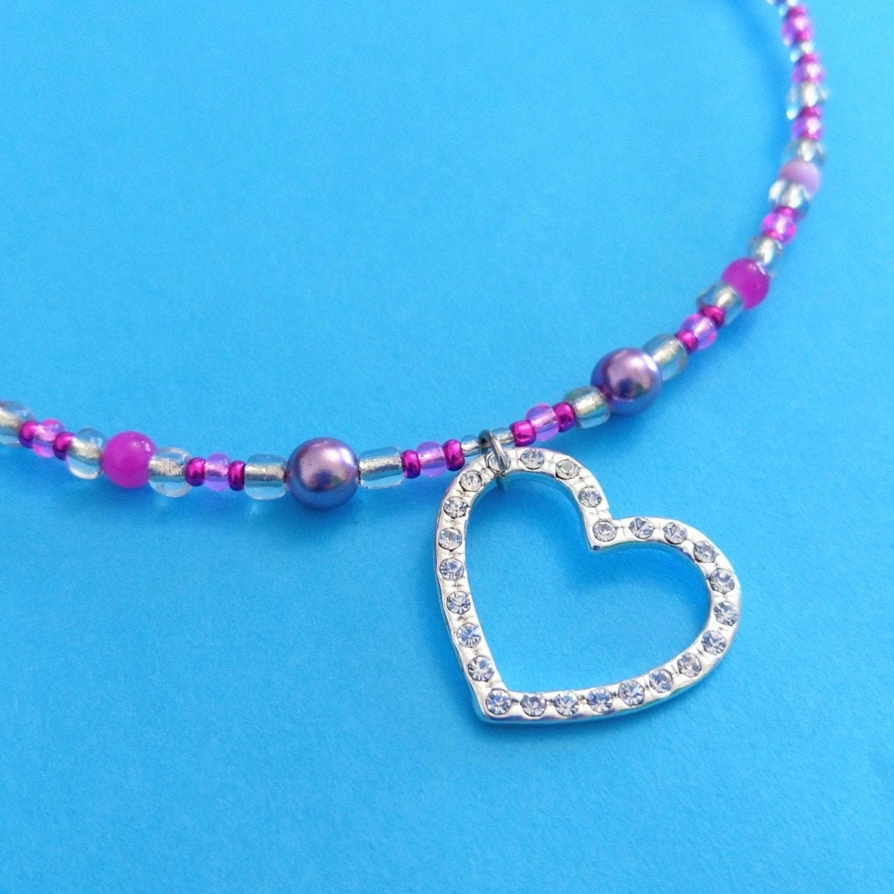 Pink Heart Necklace, Silver Love Heart Pendant Choker With Pink and ...