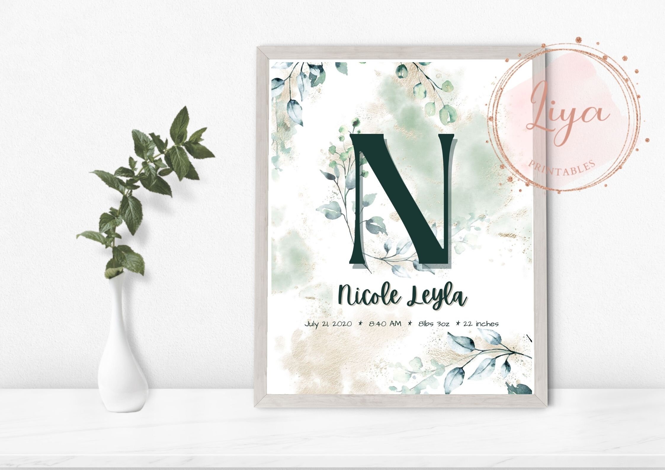 Greenery Gold Initial Nursery Print Custom Name Sign - Etsy