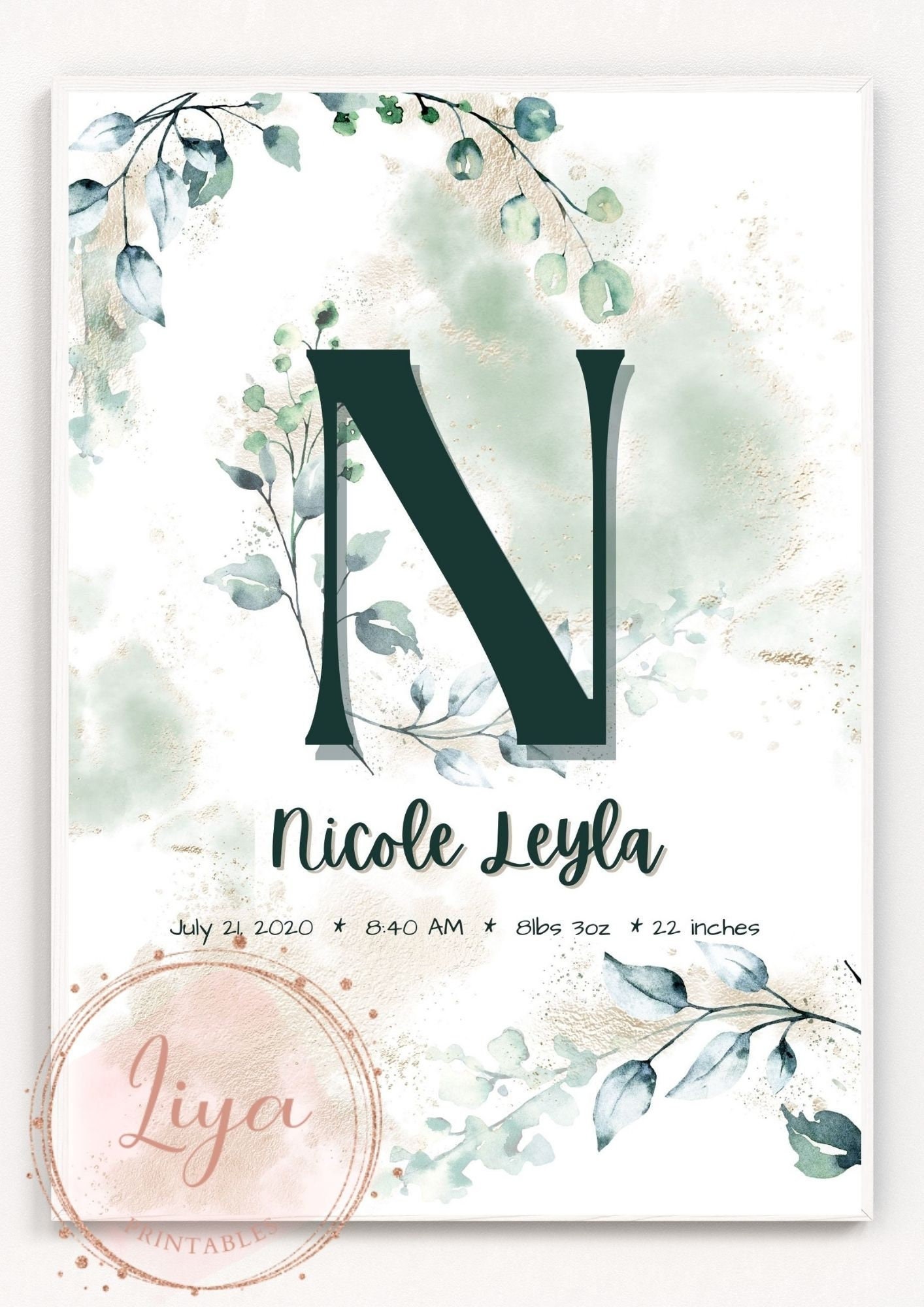 Greenery Gold Initial Nursery Print Custom Name Sign - Etsy