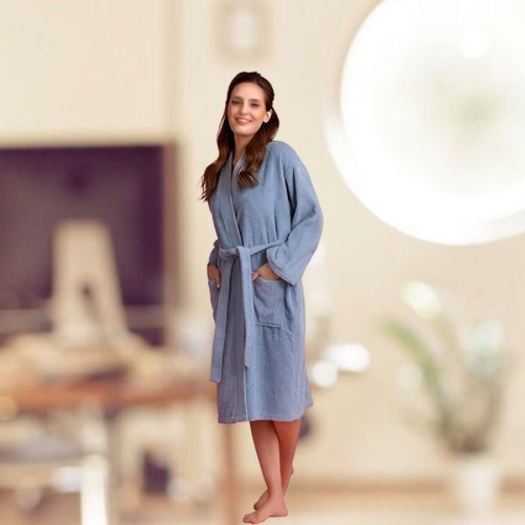 LUXURIOUS TURKISH BATHROBES Cotton Light Blue Terry Kimono Robe for ...