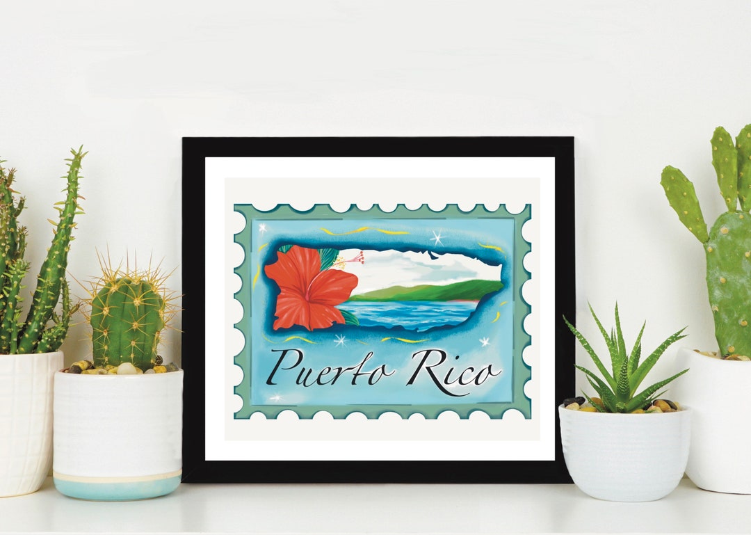 Puerto Rico Map/ Island/ Poster/ Hibiscus/gift/ Post Stamp - Etsy