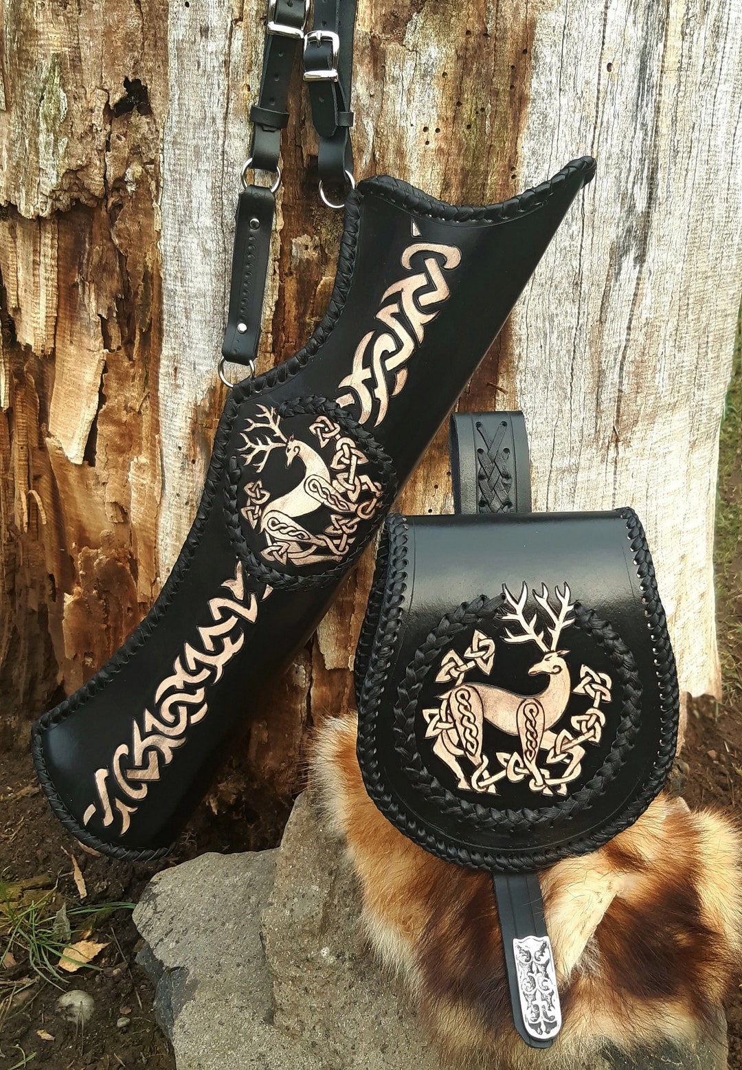 Handmade Leather Set (quiver, Belt Bag) Celtic Deer Design, Traditional ...