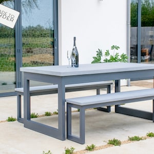 Microcement and Steel Table & Bench Set With 2M Concrete Table Top, Garden, Kitchen or Dining ...