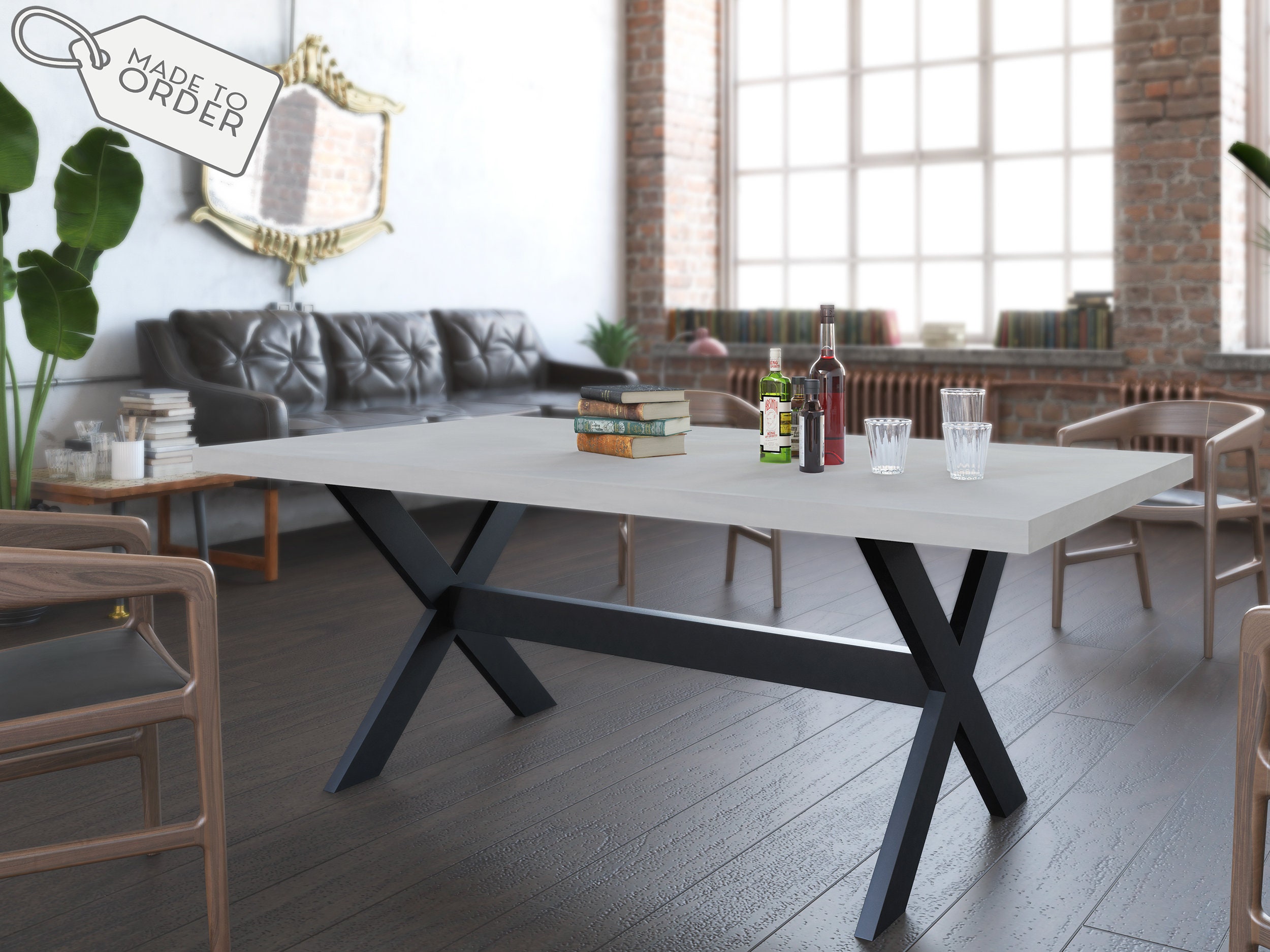 Microcement and Steel X Leg Dining Table 2M Concrete Table - Etsy UK