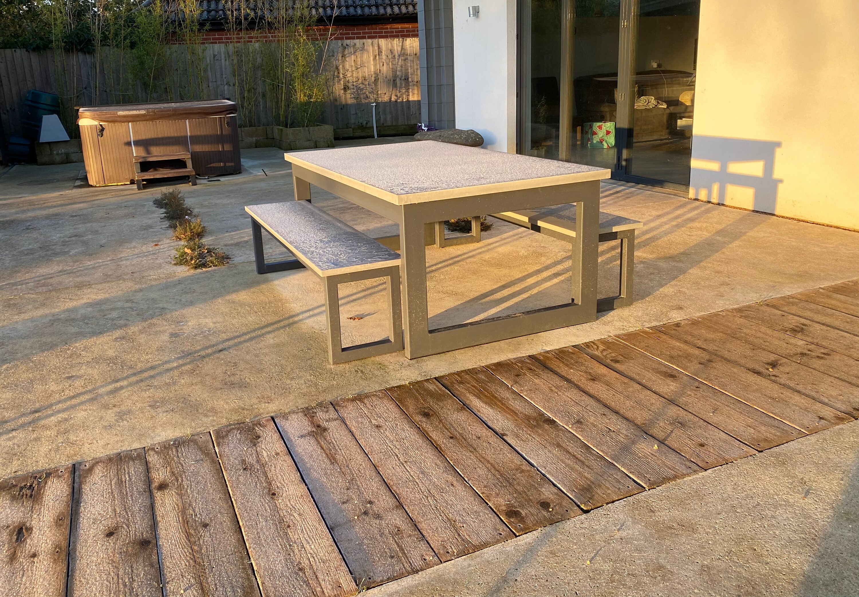 Microcement and Steel Patio Table & Bench Set With 2M Concrete Table ...