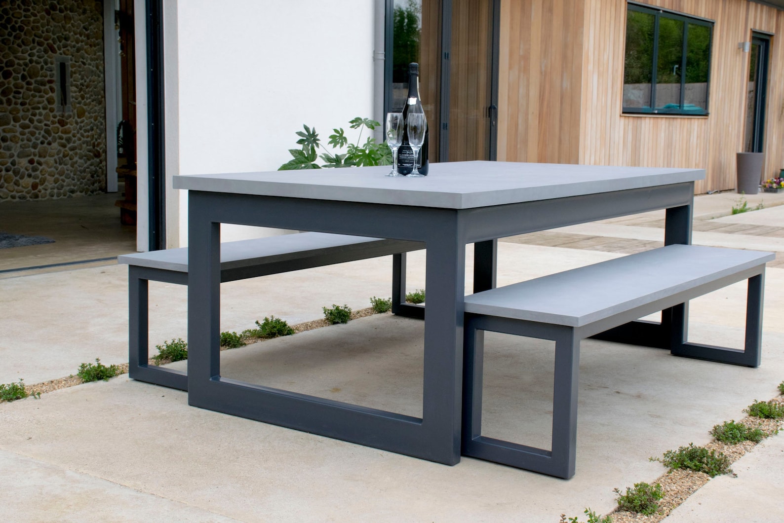 Microcement and Steel Patio Table & Bench Set With 2M Concrete Table ...