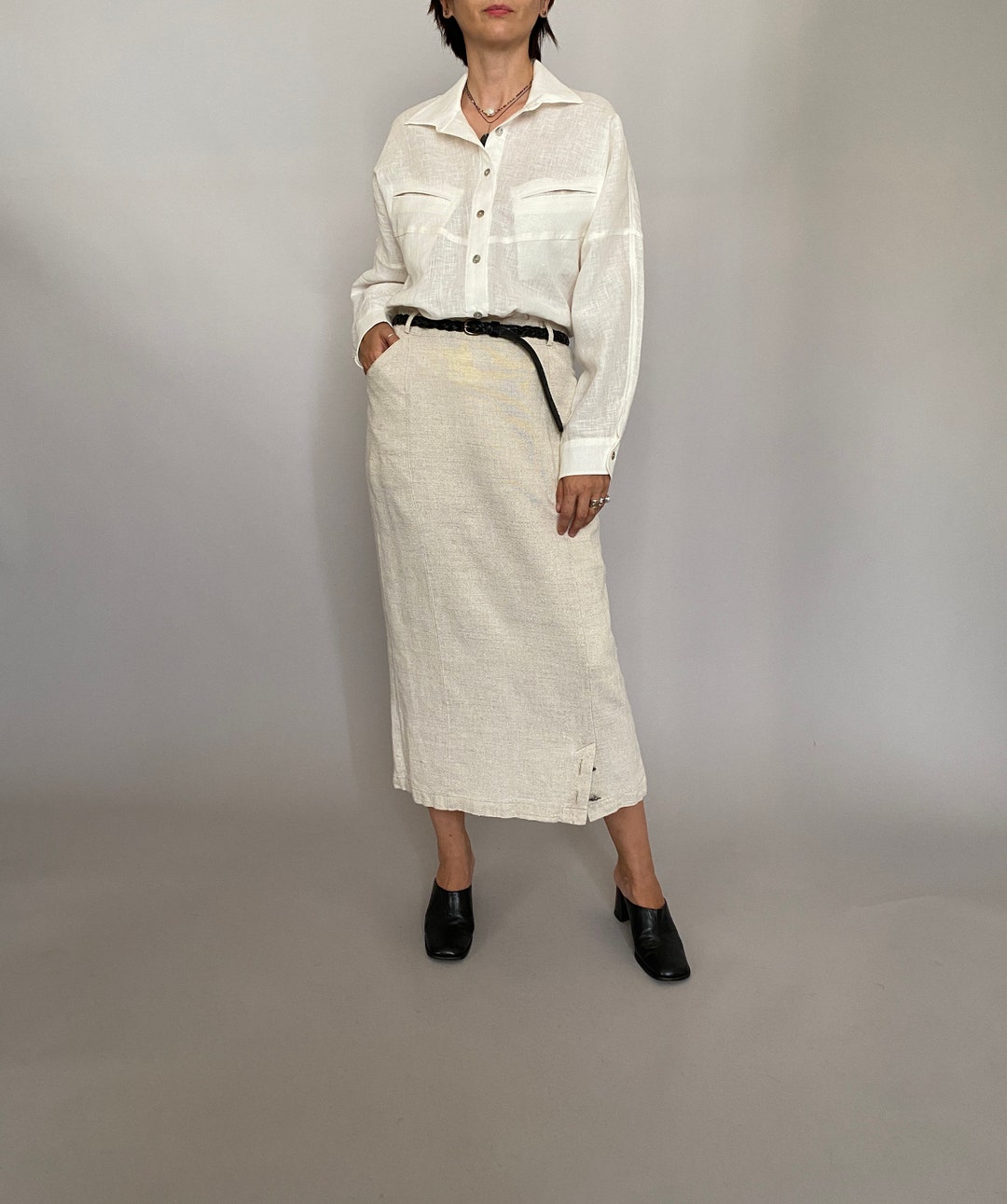 Vintage off White Linen Skirt: Mid-calf Skirt With Pockets, Size S - Etsy