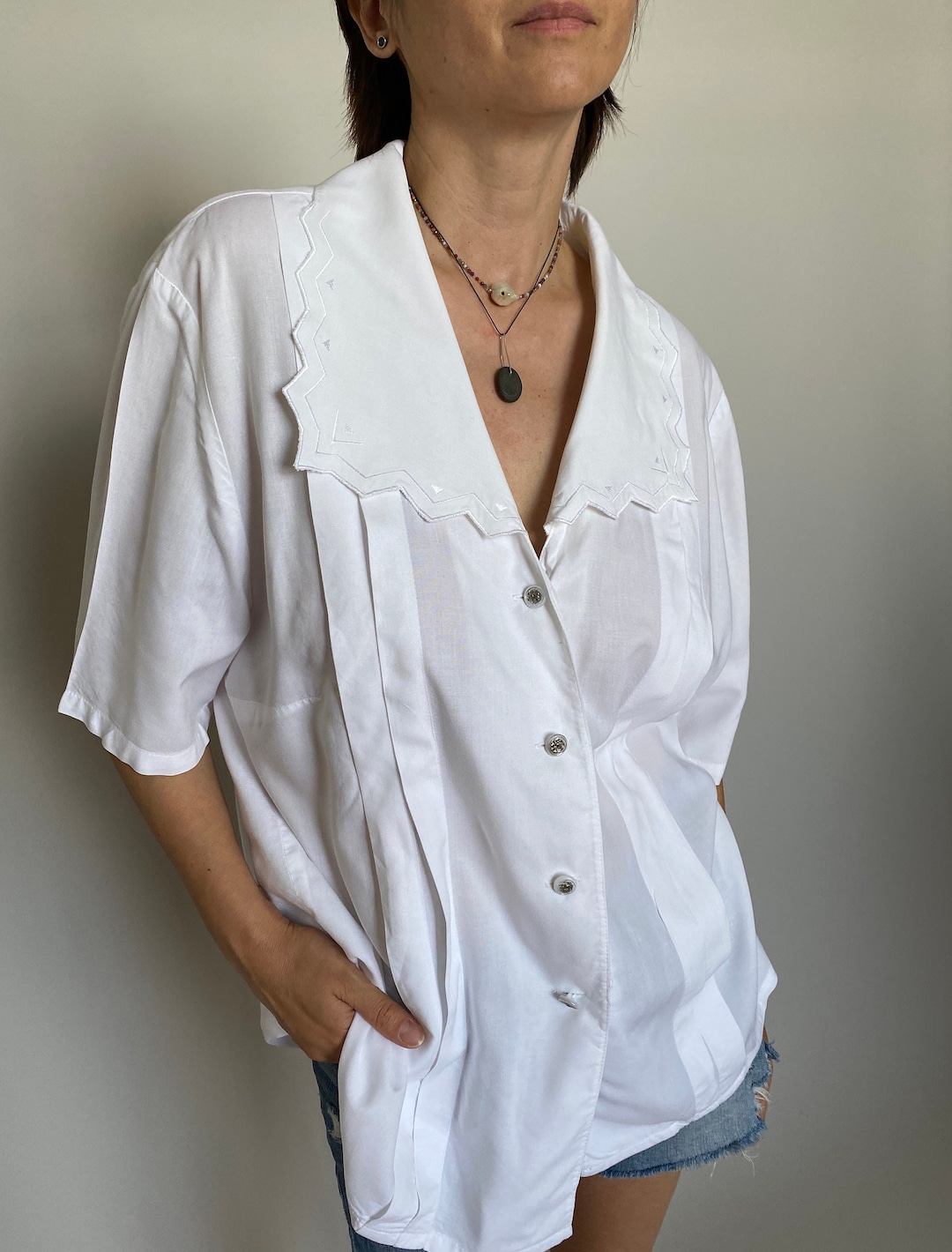 Vintage White Embroidered Collar Blouse: Pleated Cotton Peasant Top - Etsy