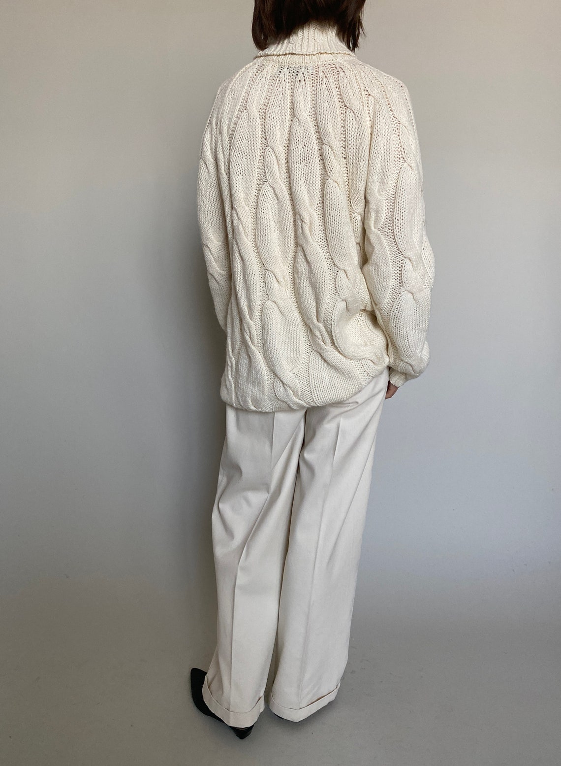 White Turtle Neck Sweater for Women Size L Long White Cable - Etsy