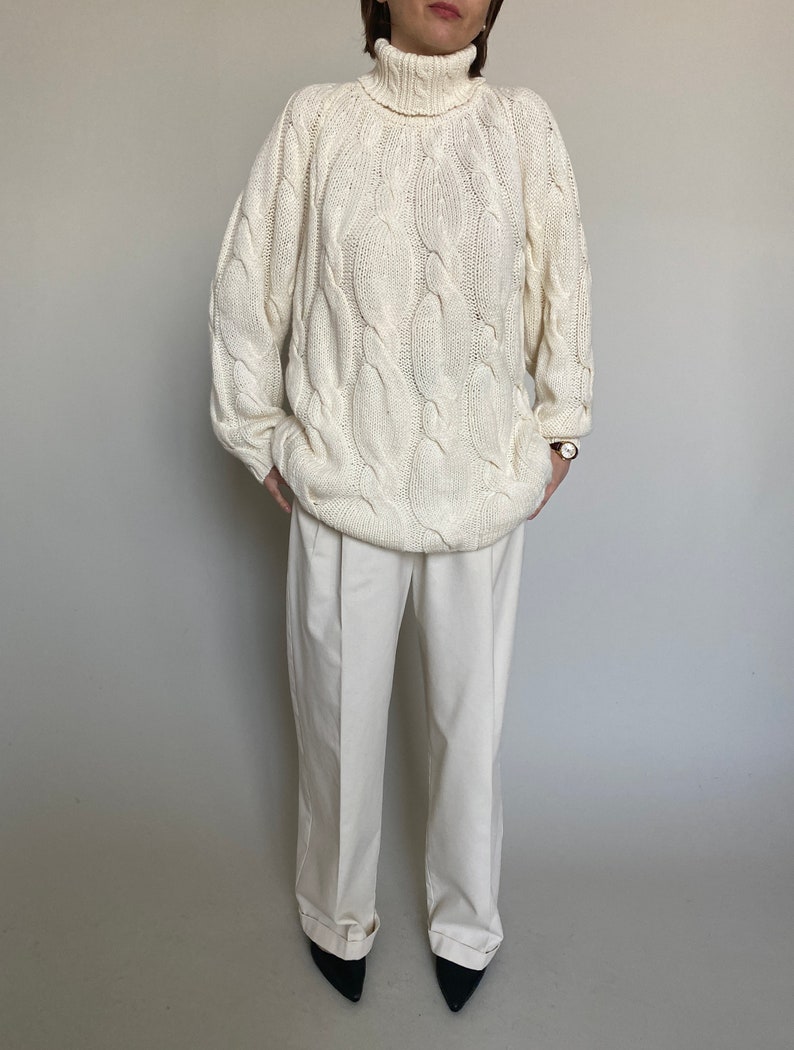 White Turtle Neck Sweater for Women Size L | Long White Cable Knit ...