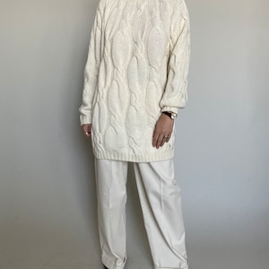 White Turtle Neck Sweater for Women Size L | Long White Cable Knit ...