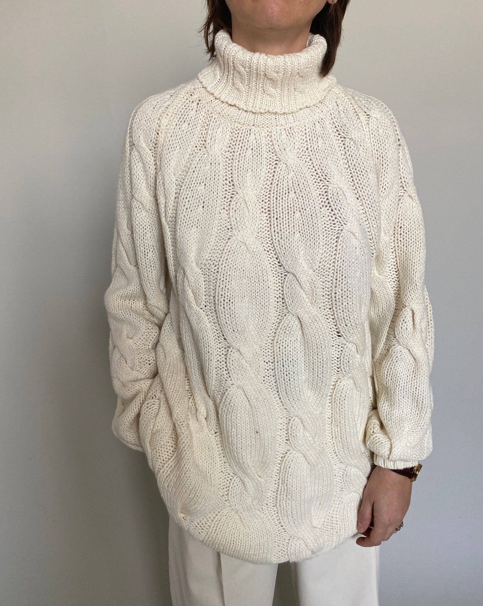 White Turtle Neck Sweater for Women Size L Long White Cable - Etsy
