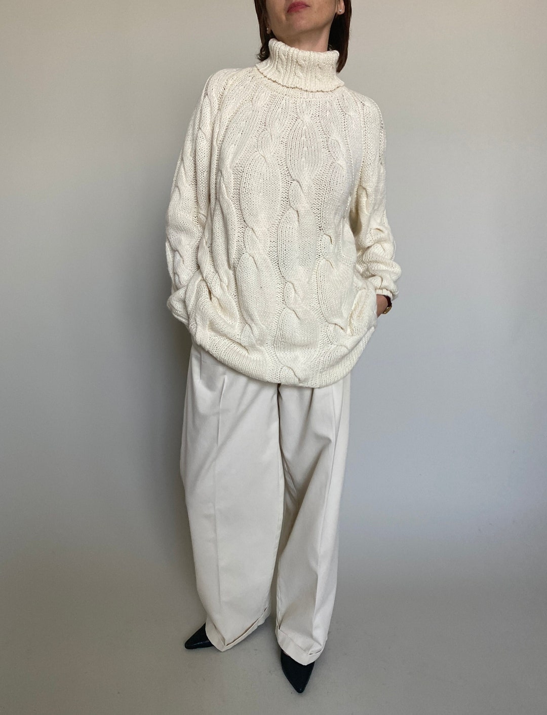 White Turtle Neck Sweater for Women Size L | Long White Cable Knit ...