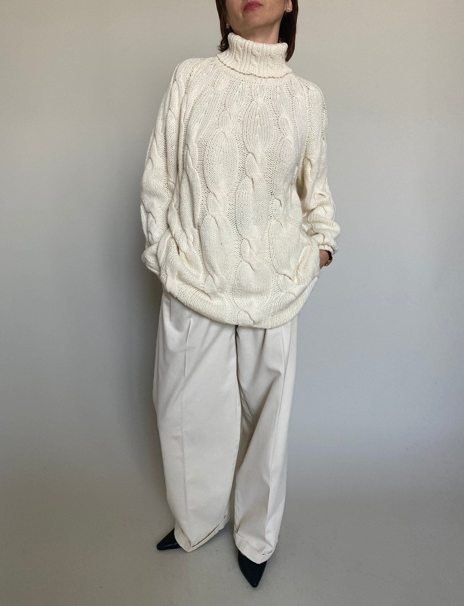 White Turtle Neck Sweater for Women Size L | Long White Cable Knit ...