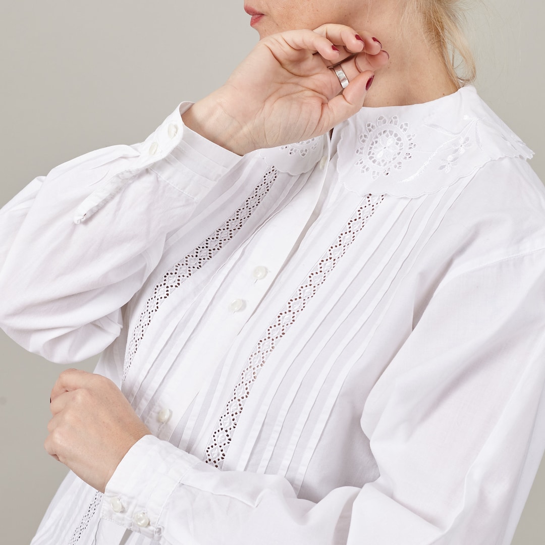 Vintage Pure White Cotton Blouse for Women Size M, Embroidered Collar ...