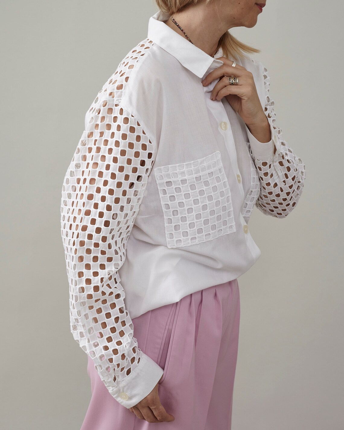 Elegant White Shirt With Eyelet Sleeves Vintage Chic Stylish - Etsy