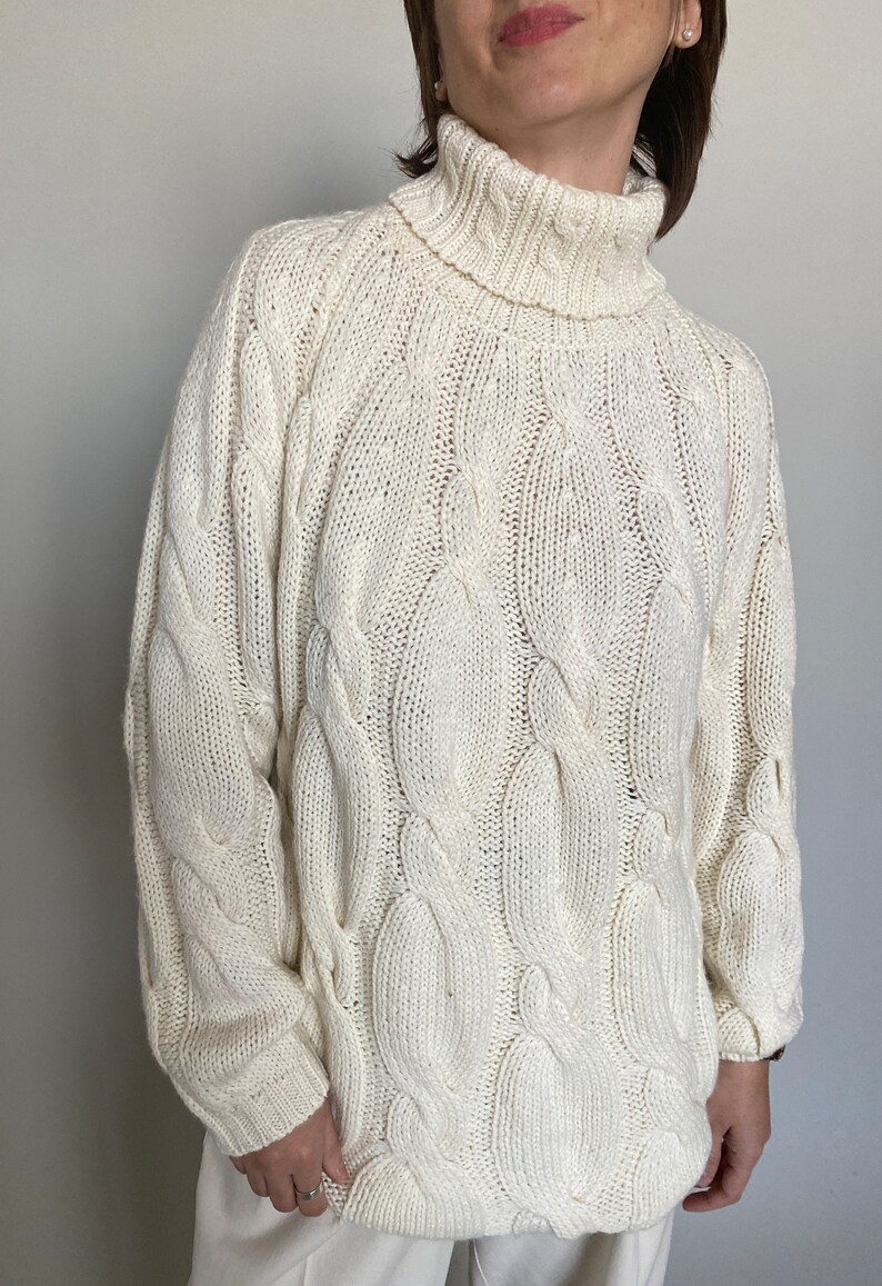 White Turtle Neck Sweater for Women Size L Long White Cable - Etsy