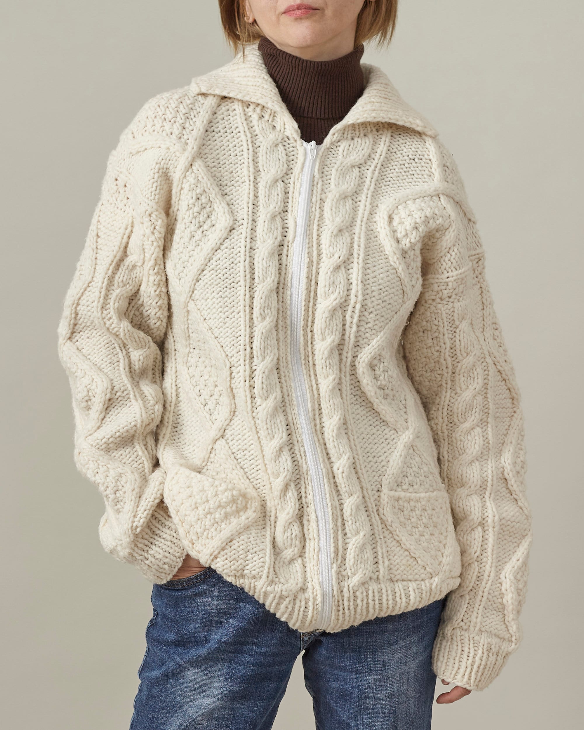 White Wool Zipper Cardigan for Women Size M - L | Thick Wool Hand ...