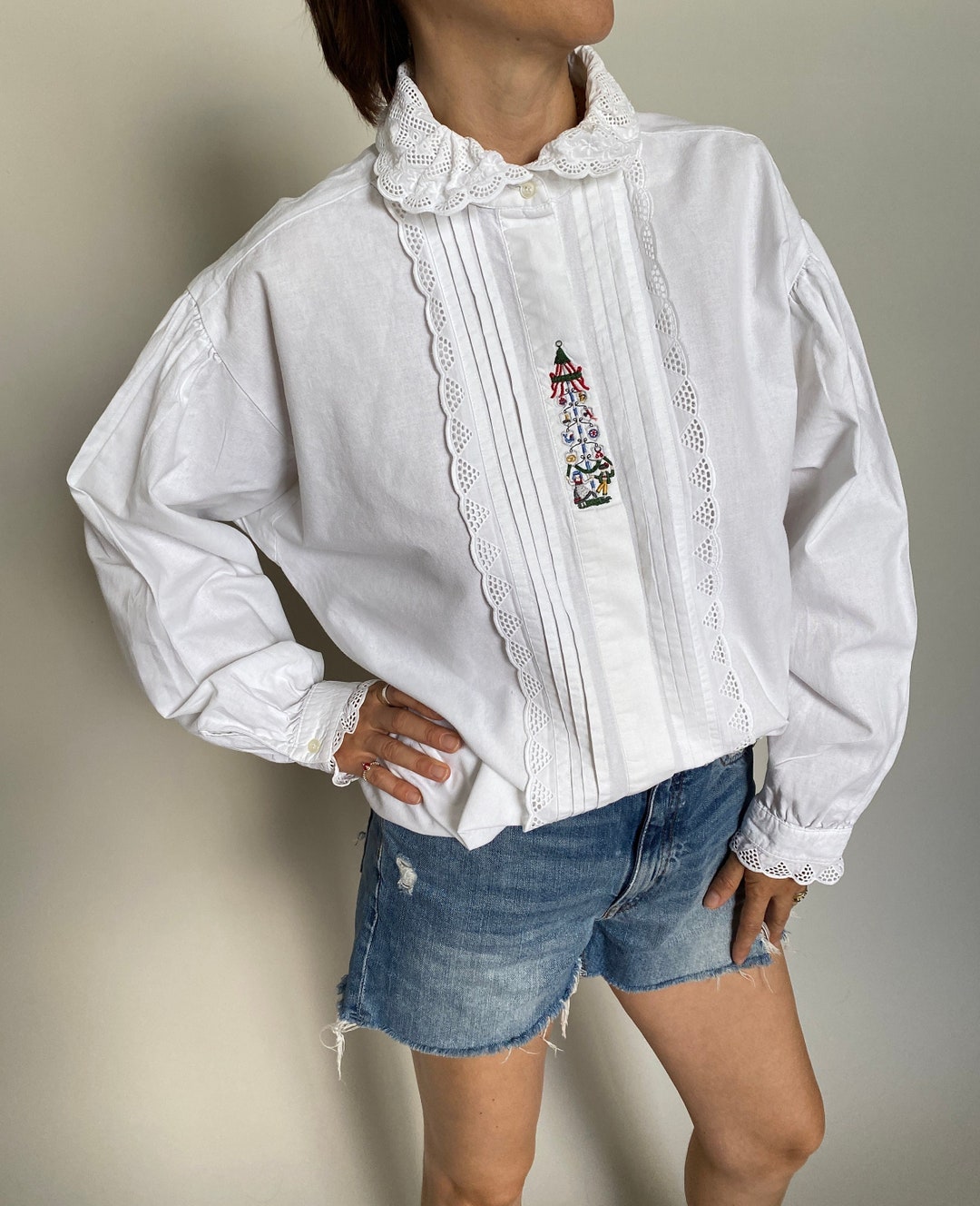 Vintage White Cotton Peasant Blouse for Women Size M - L | High Ruffled ...