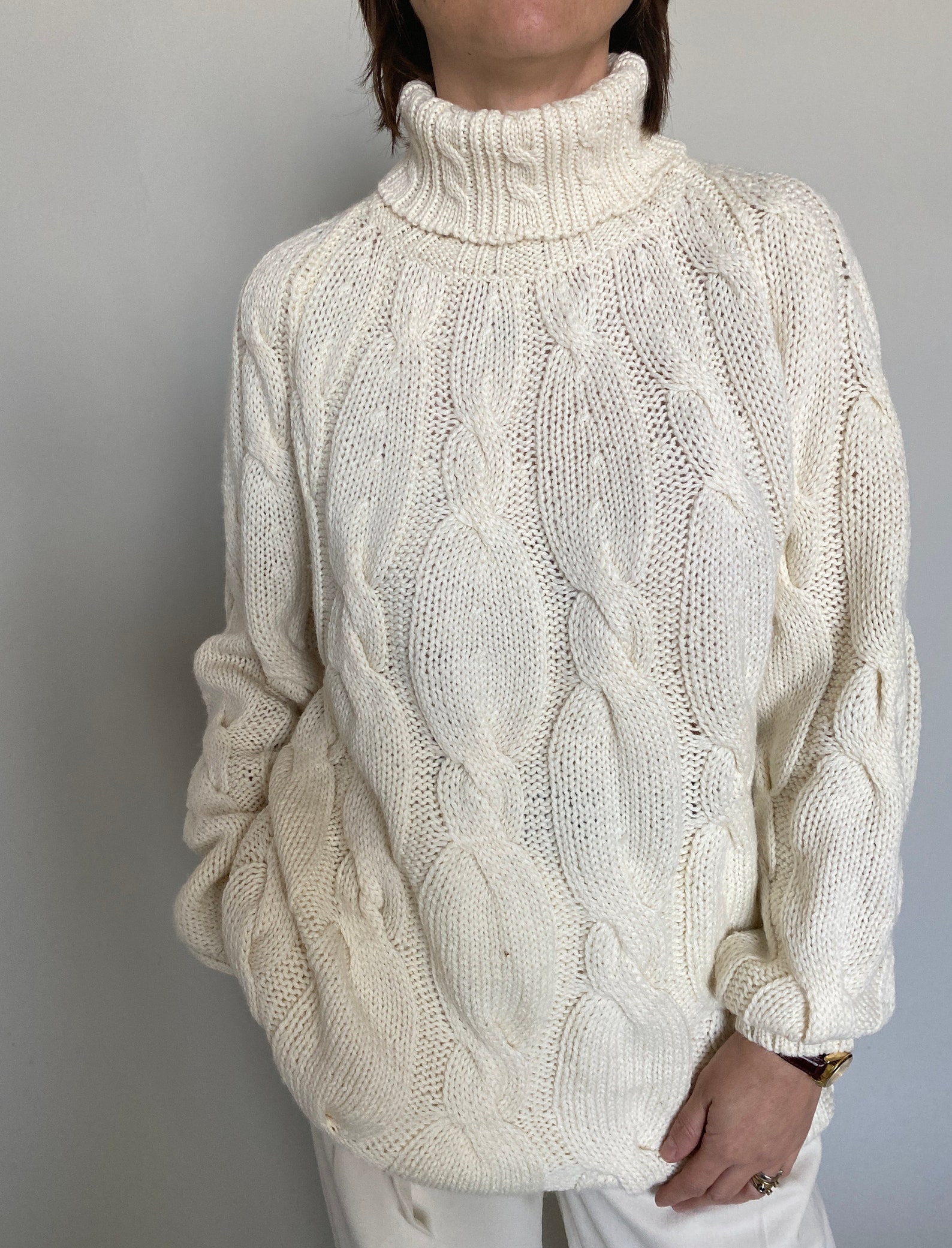 White Turtle Neck Sweater for Women Size L Long White Cable - Etsy