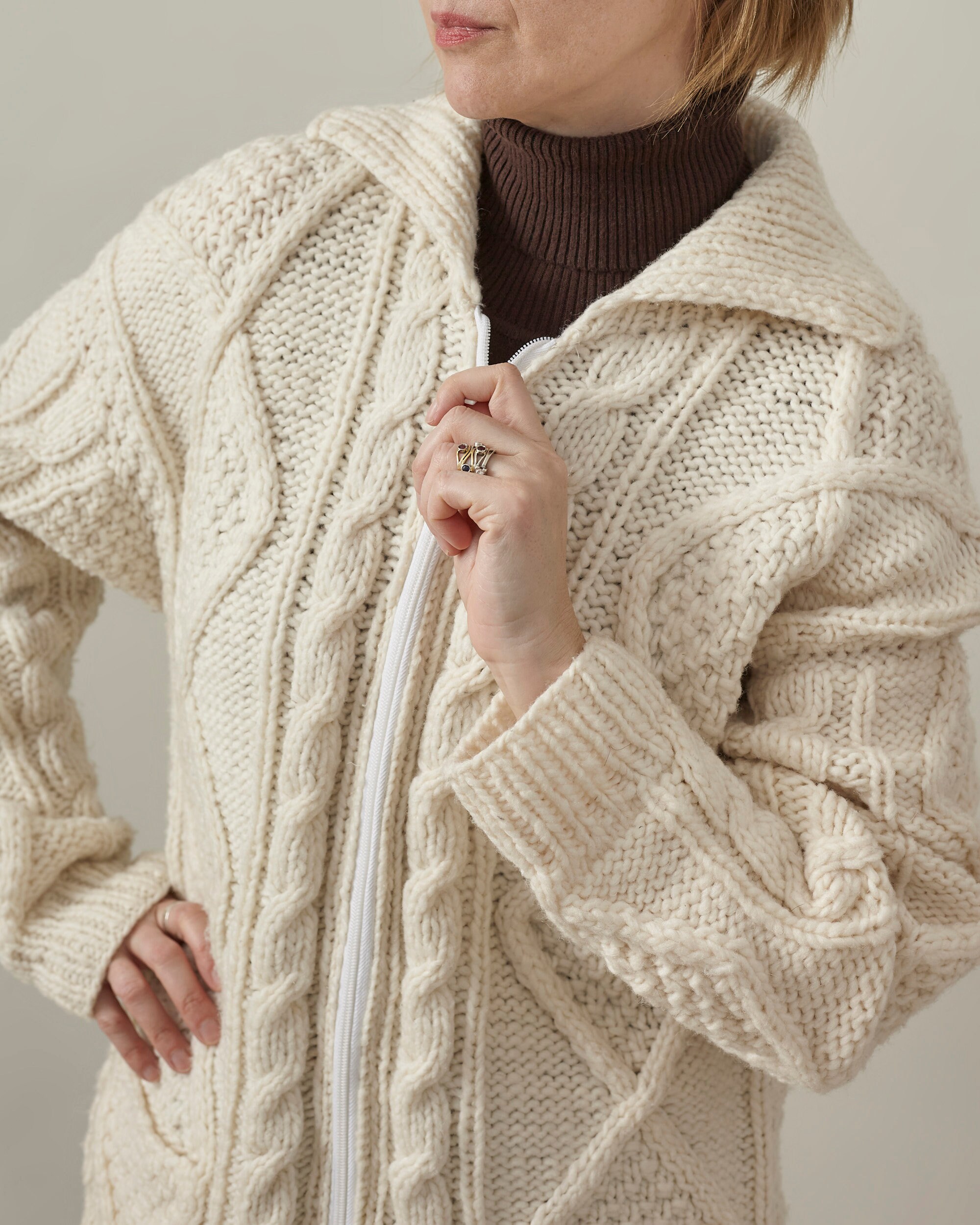 White Wool Zipper Cardigan for Women Size M - L | Thick Wool Hand ...