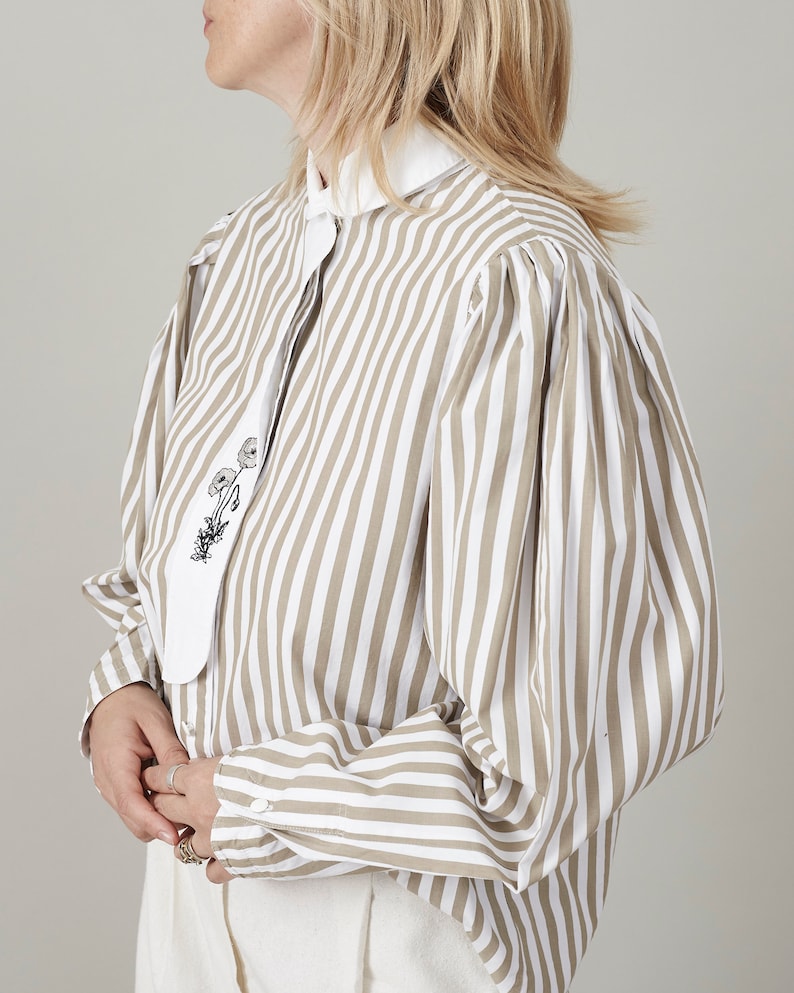 Vintage White Shirt With Stripes Pattern, Contrasting White Collar and ...