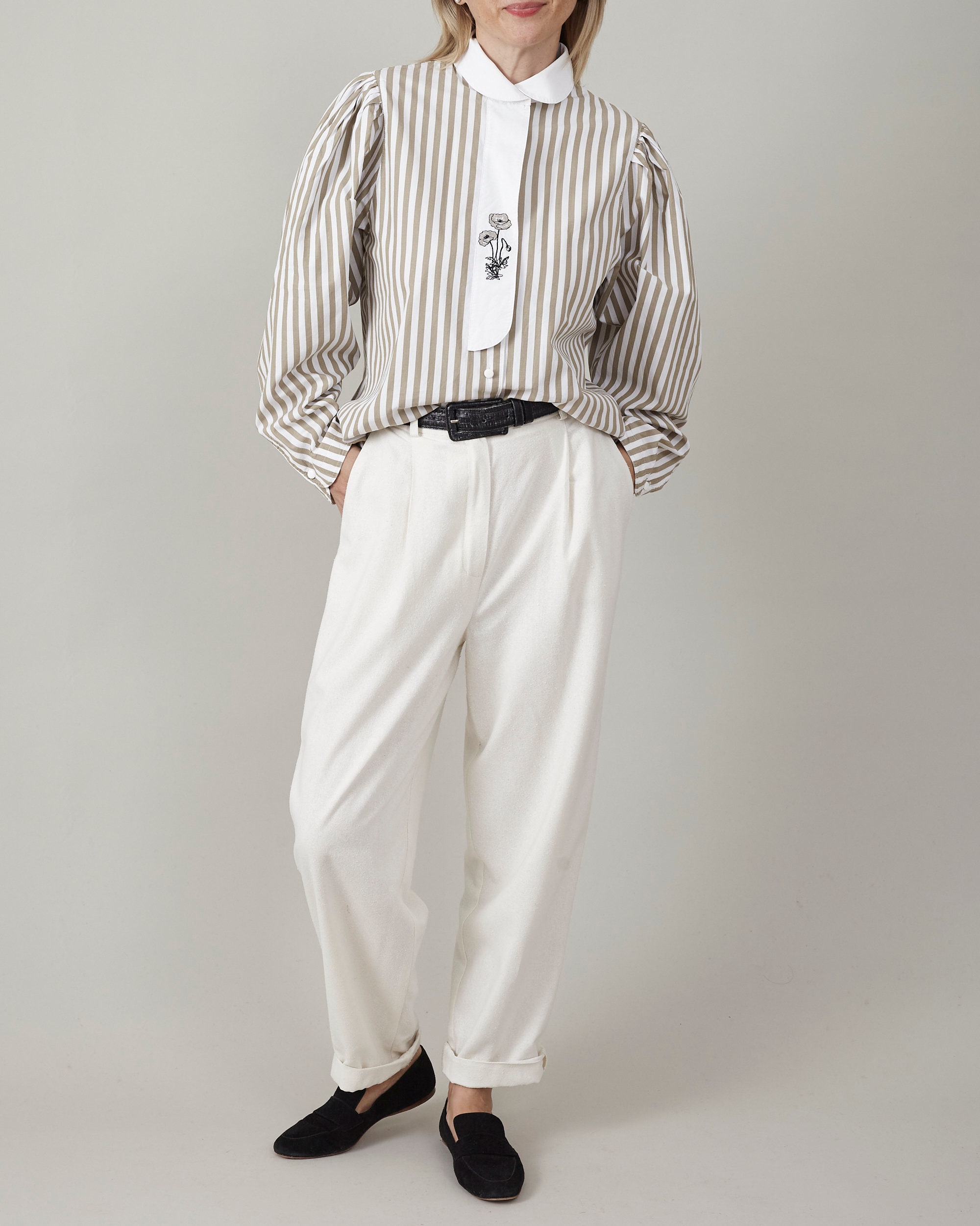 Vintage White Shirt With Stripes Pattern, Contrasting White Collar and ...