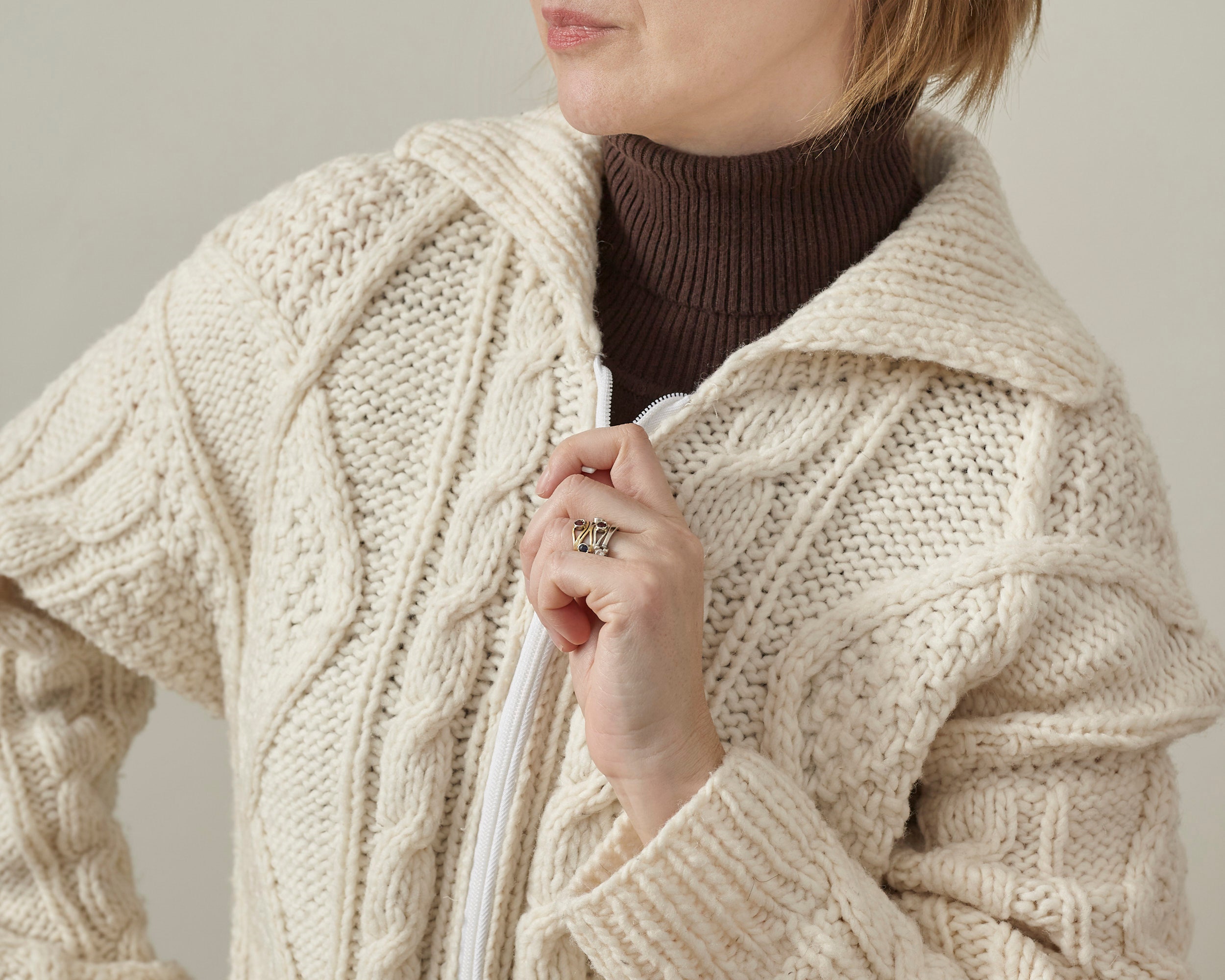 White Wool Zipper Cardigan for Women Size M - L | Thick Wool Hand ...