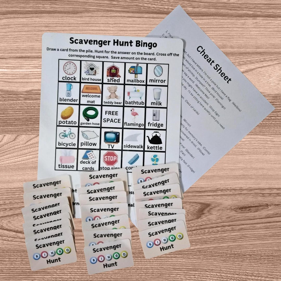 Scavenger Hunt Bingo Game, 8 1/2 X 11 Laminated W/ Playing Cards ...
