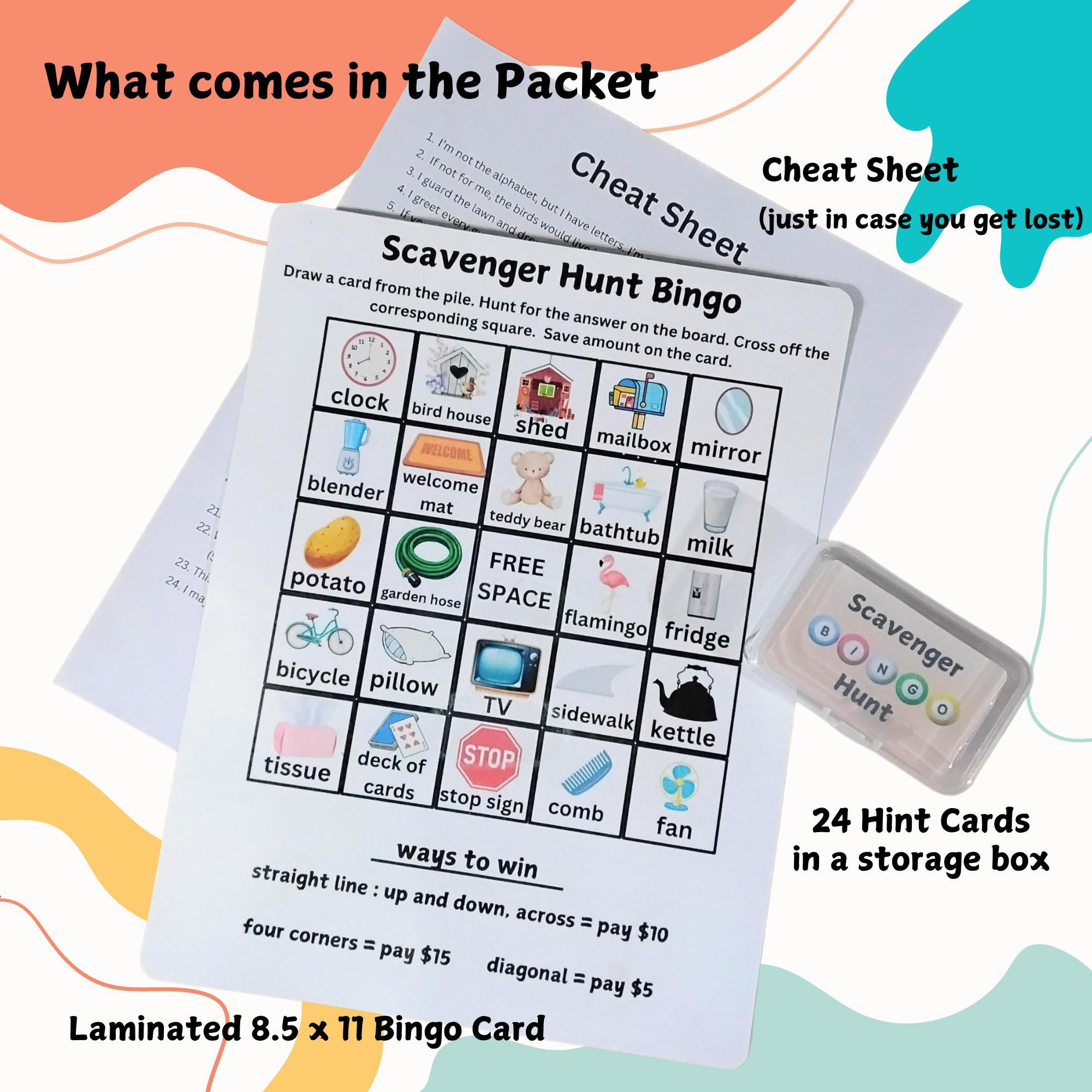 Scavenger Hunt Bingo Game, 8 1/2 X 11 Laminated W/ Playing Cards ...