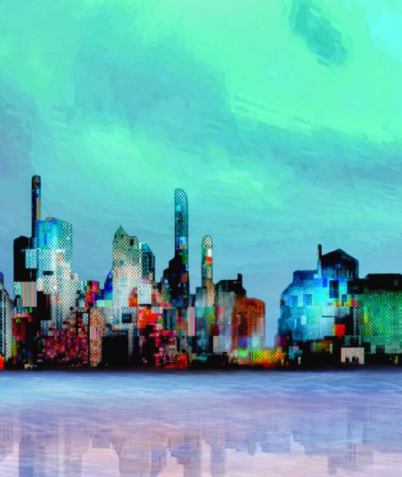 Panoramic Aurora Sky Abstract Manhattan Skyline, NYC, Stretched Canvas ...