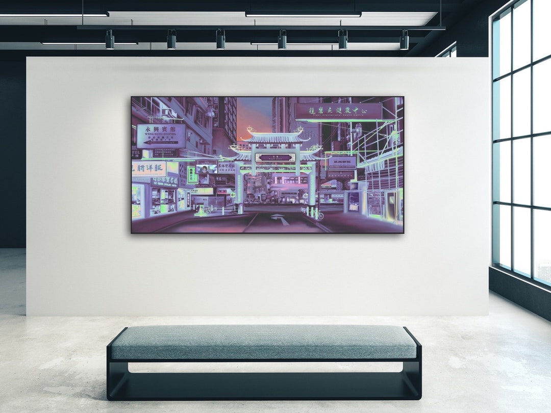 Panoramic Cyberpunk Metal Wall Art, Temple Street, Hong Kong Painting ...