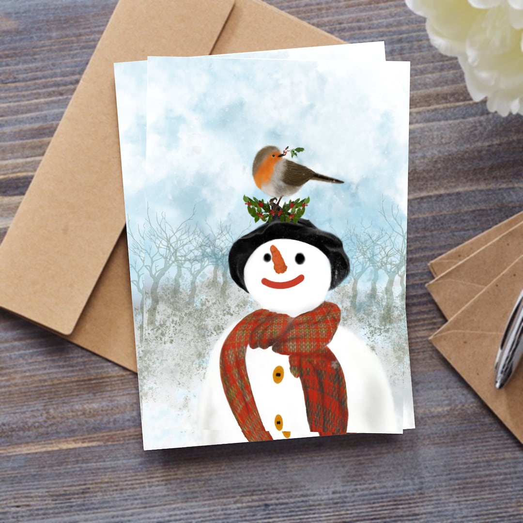 Cute Robin, Smiley Snowman Christmas Card, With 2 Designs, Single Card ...