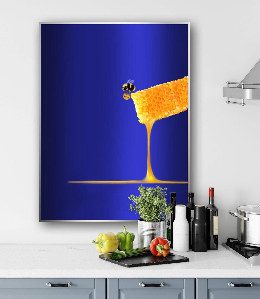 Bumble Bee on Honeycomb, Indigo Minimalistic Modern Stretched Canvas ...