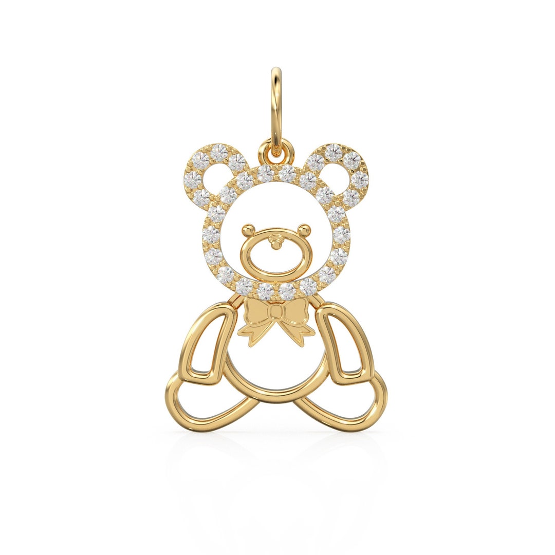 14k Gold Teddy Charm Pendant / Diamond Teddy Bear / Pave Diamond Teddy ...