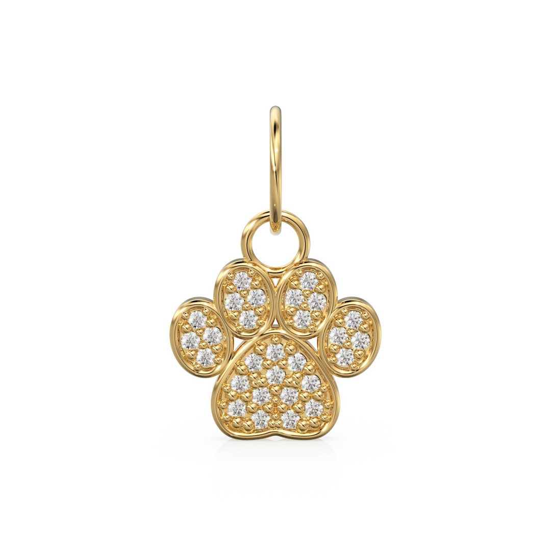 12mm Dog Paw Pave Diamond 14k 18k Solid Gold Charm Pendant, Paw Charm ...