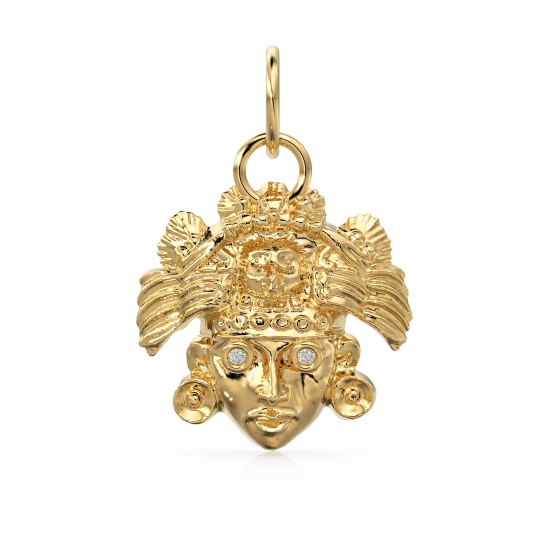 Mayan Head 14k Gold Charm / 18k Solid Gold Aztec Pendant / Round Cut ...