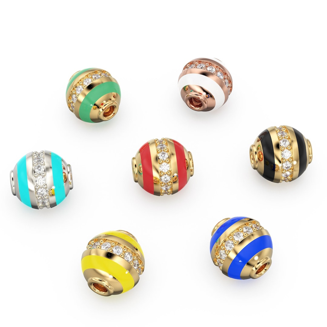 Enamel 6mm Diamond Enamel Round Solid Gold Beads / Handmade Real ...