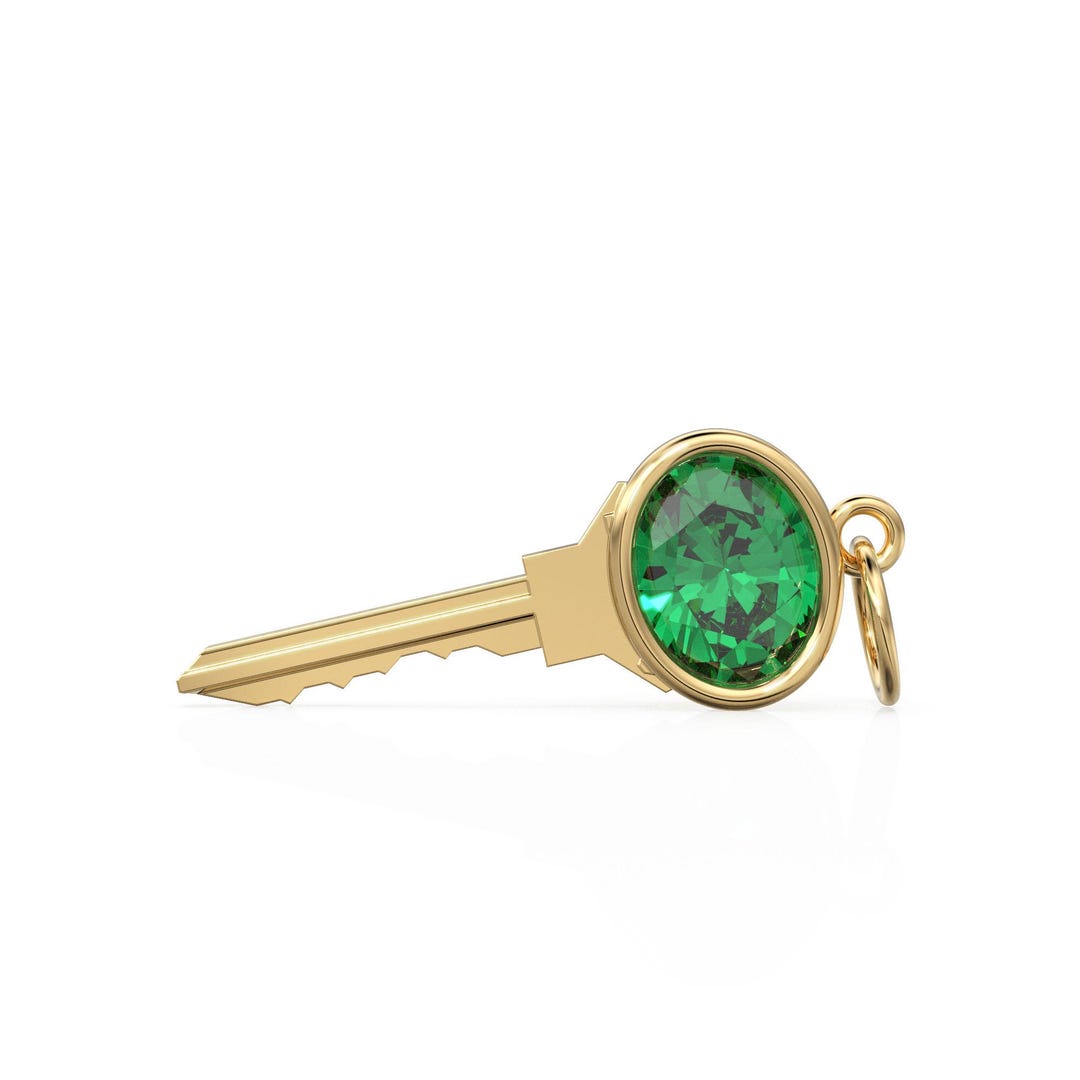 18K Solid Gold Key Charm Pendant With Natural Emerald, Key Charm ...