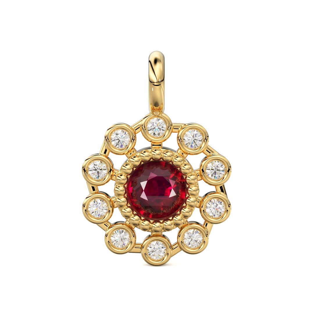 14k 18k Solid Gold Brilliant Round Ruby & Genuine Diamond Solid Gold ...