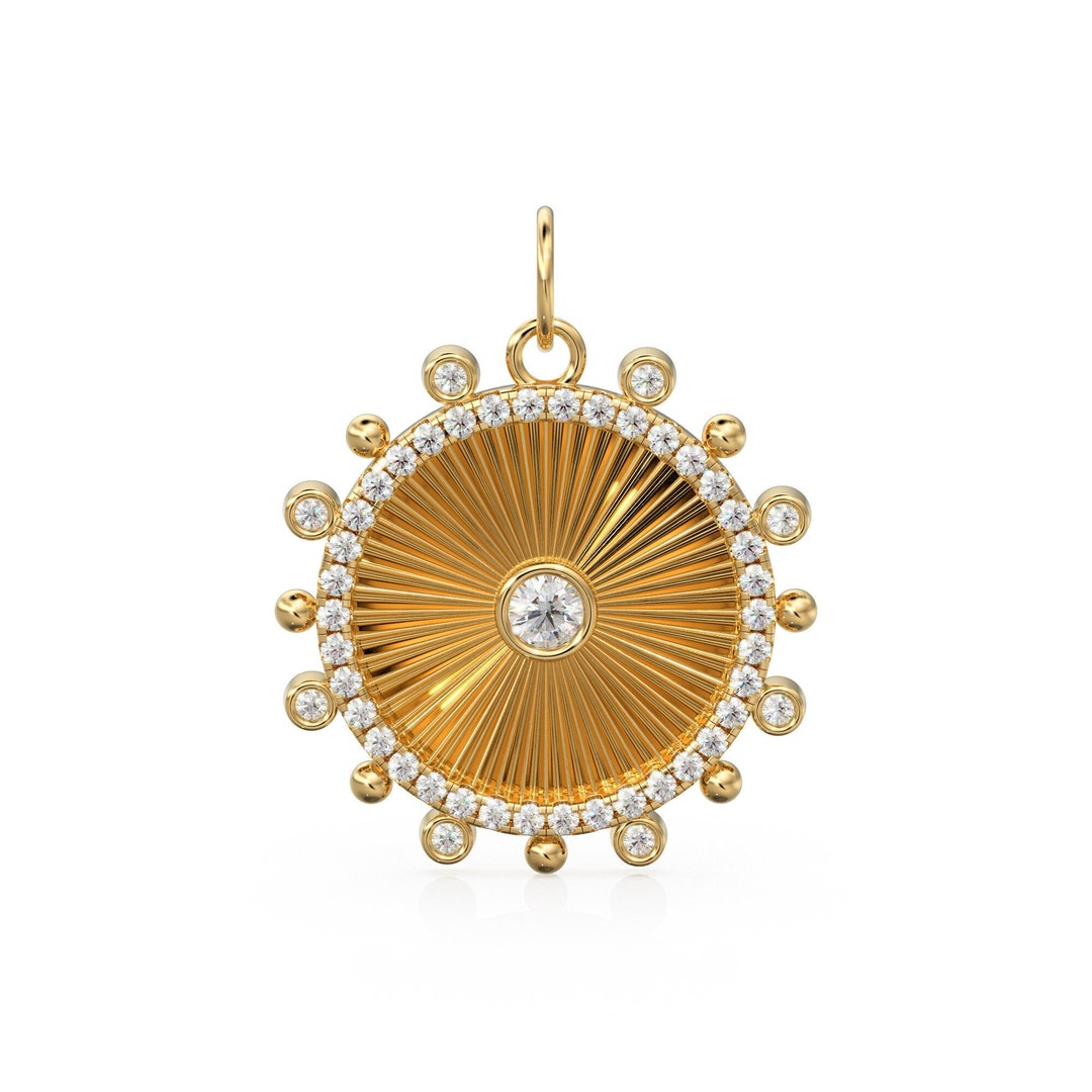 Sunburst Medallion 14k 18k Solid Gold Charm Pendant, Sun Gold Charm ...