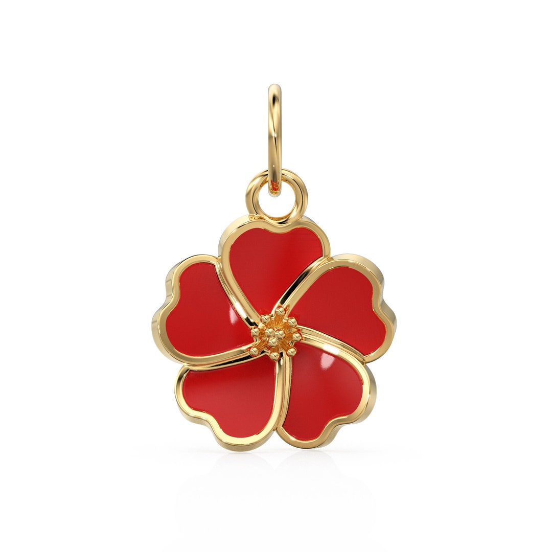 Dainty Hibiscus Solid Gold Enamel Charm / Tropical Flower Gold Enamel ...