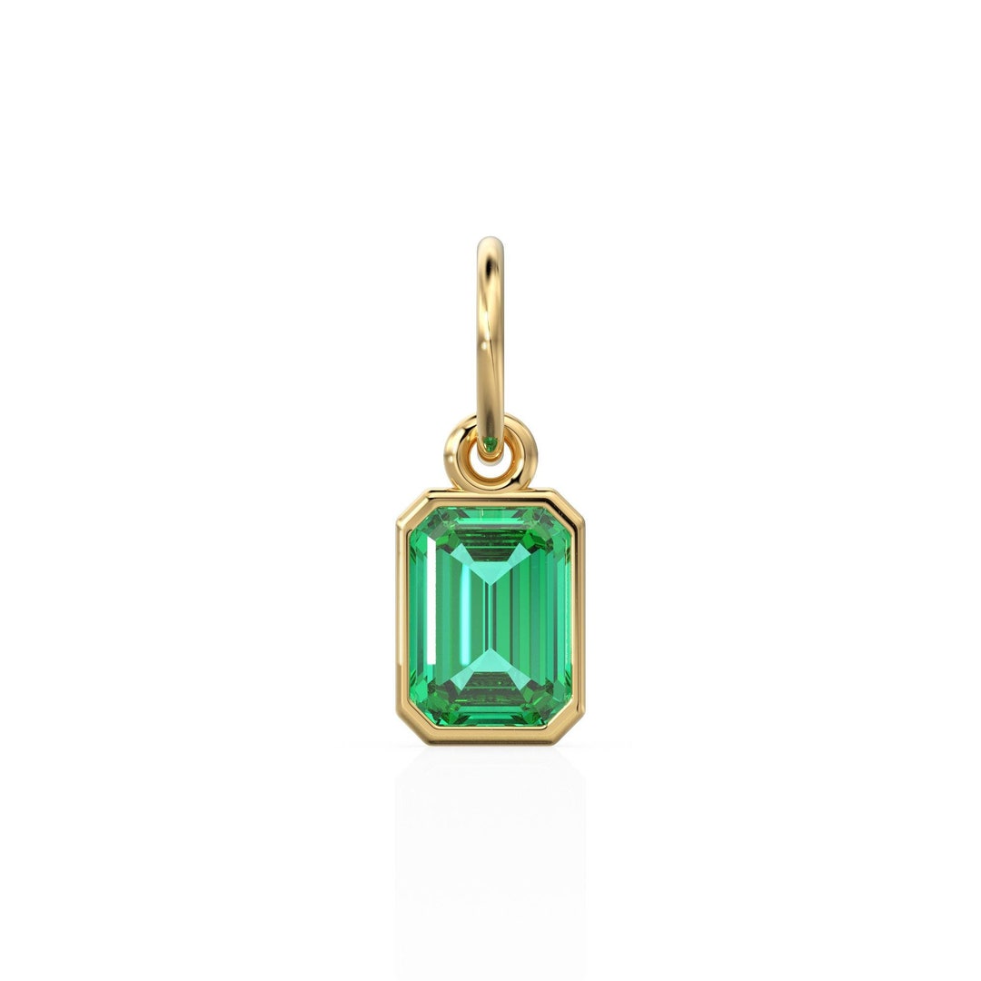 Green Emerald Cut Solid Gold Charm / Green Gemstone Handmade Gold ...