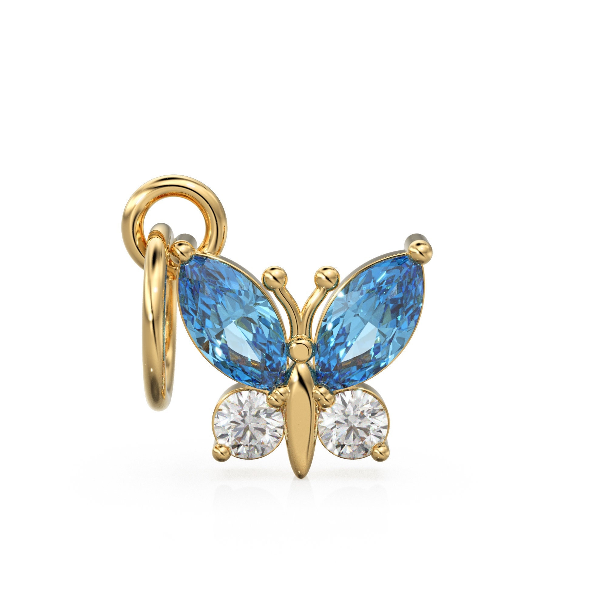 Blue Topaz Butterfly Diamond 14k 18k Solid Gold Charm Pendant ...