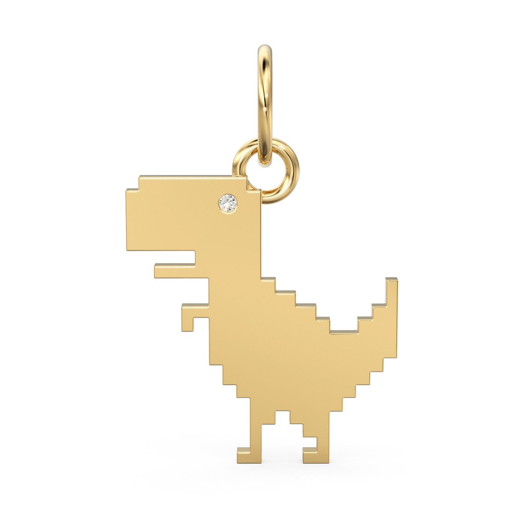 2D Pixelated Dinosaur Diamond Solid Gold Charm / T Rex 18k Handmade ...